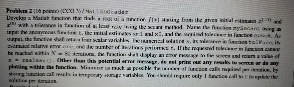 Solved Problem 2 (16 points) (CCO 3) / MatlabGrader Develop | Chegg.com