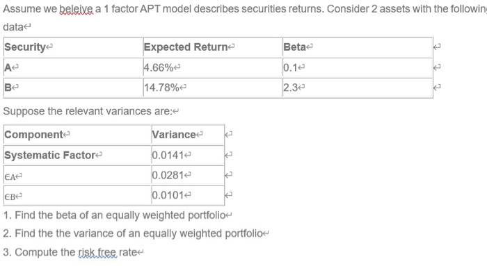 Assume we beleixe a 1 factor APT model describes | Chegg.com