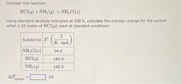 Solved Consider the reaction: HCl(g)+NH3(g)→NH4Cl(s) Using | Chegg.com