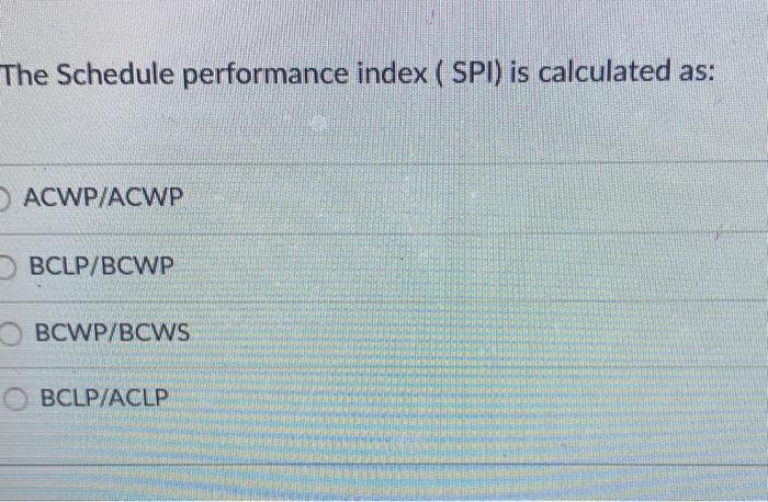 Solved The Schedule performance index ( SPI) is calculated | Chegg.com