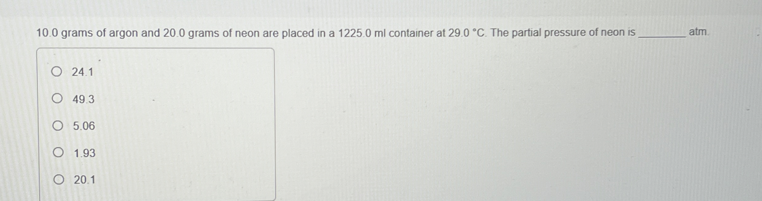Solved 10.0 ﻿grams of argon and 20.0 ﻿grams of neon are | Chegg.com