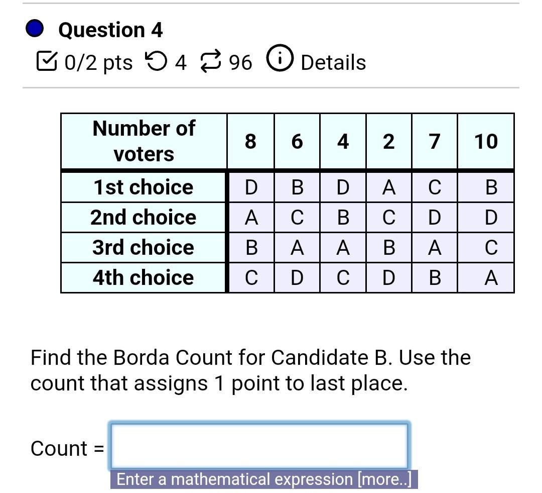 Solved Question 4 『 0/2 pts 4⇄96 (i) Details Find the Borda | Chegg.com Solved Question 4 『 0/2 pts 4⇄96 (i) Details Find the Borda | Chegg.com