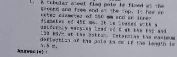 A tubular steel flag pole is fixed at the ground and | Chegg.com