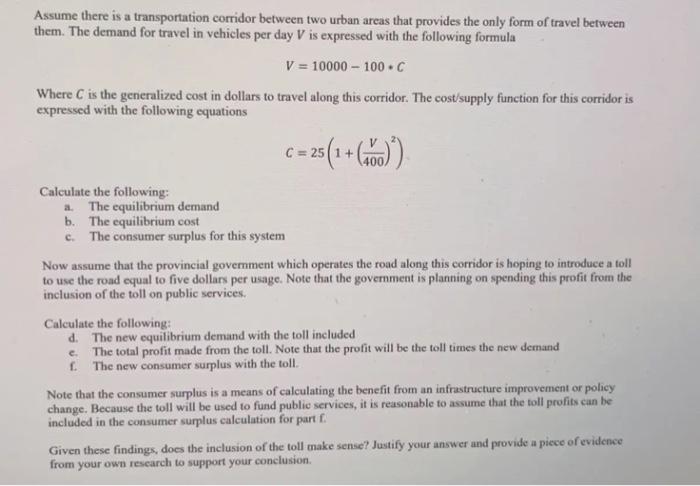 Solved Assume there is a transportation corridor between two | Chegg.com