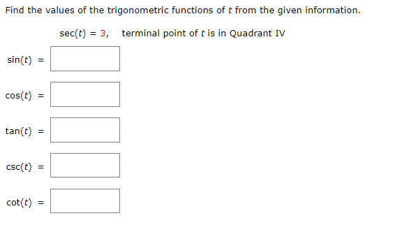 Solved Find the values of the trigonometric functions of t | Chegg.com