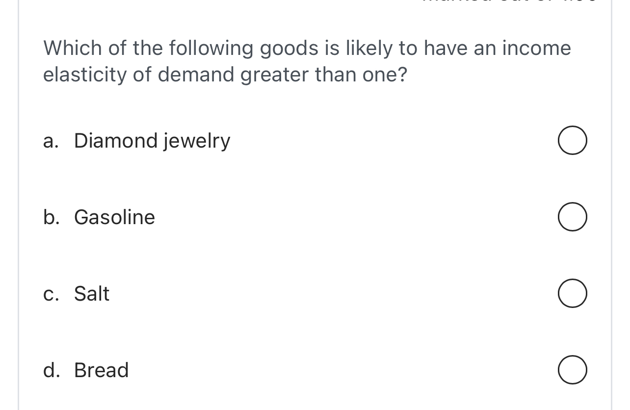 Solved Which of the following goods is likely to have an | Chegg.com