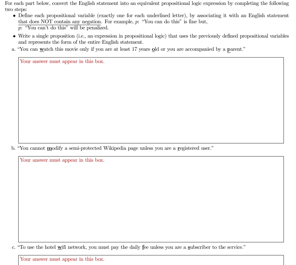 Solved For each part below, convert the English statement | Chegg.com