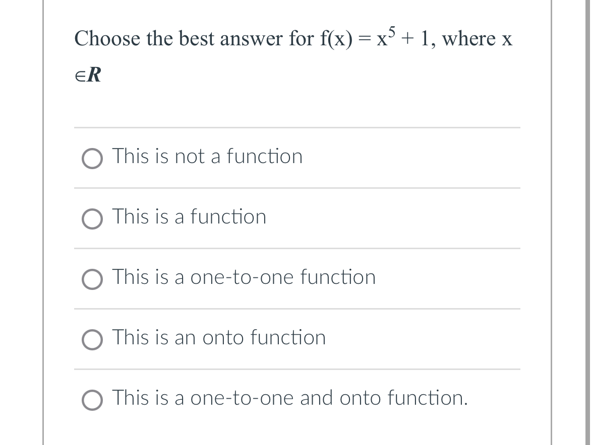 Solved Choose the best answer for f(x)=x5+1, ﻿where x | Chegg.com