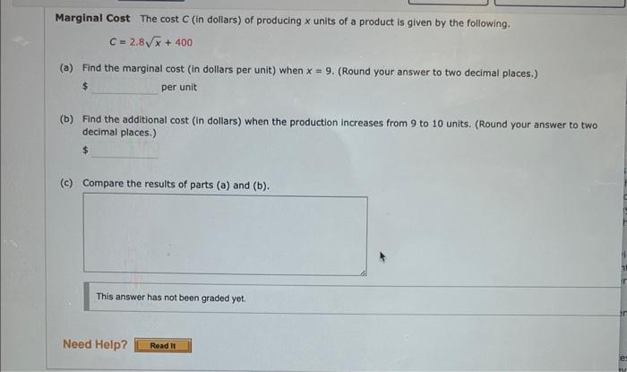 Solved Marginal Cost The cost C (in dollars) of producing x | Chegg.com