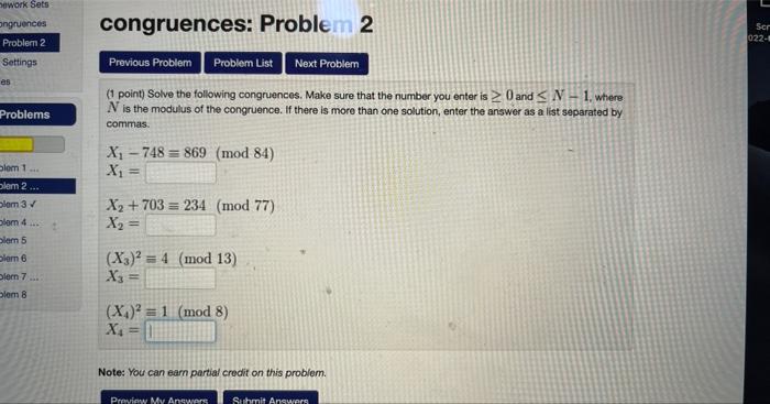 Solved (1 point) Solve the following congruences. Make sure | Chegg.com