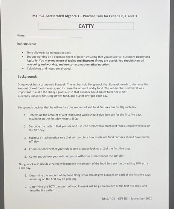 Solved MYP G1 Accelerated Algebra 1 - Practice Task for | Chegg.com