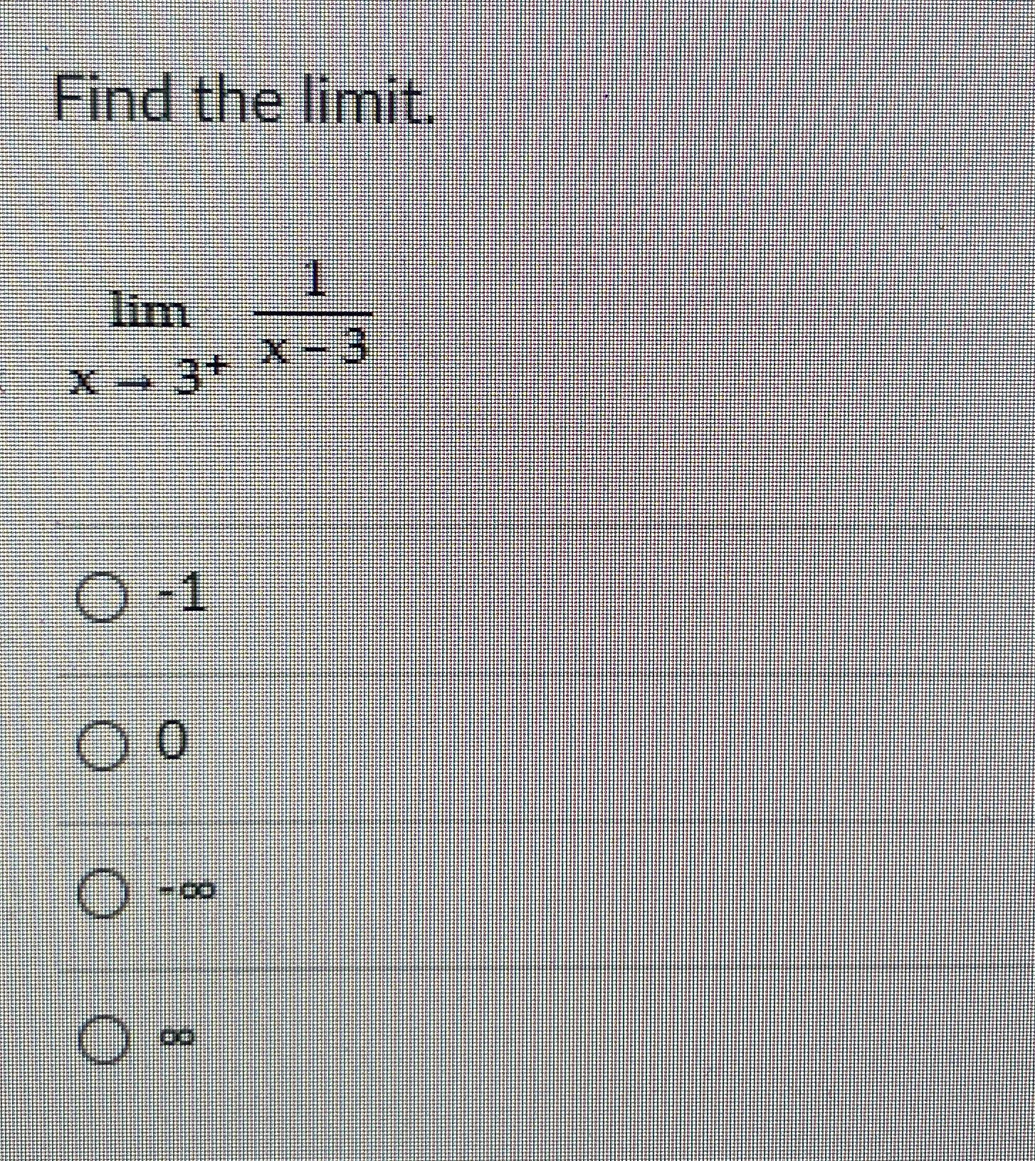 Solved Find the limit.limx→3+1x-3-10-∞∞ | Chegg.com