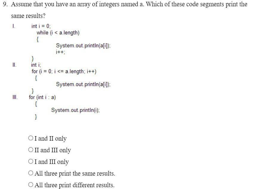 Solved 9. Assume that you have an array of integers named a. | Chegg.com
