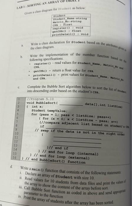 Solved LAB I : SORTING AN ARRAY OF Given a clase diagram for | Chegg.com