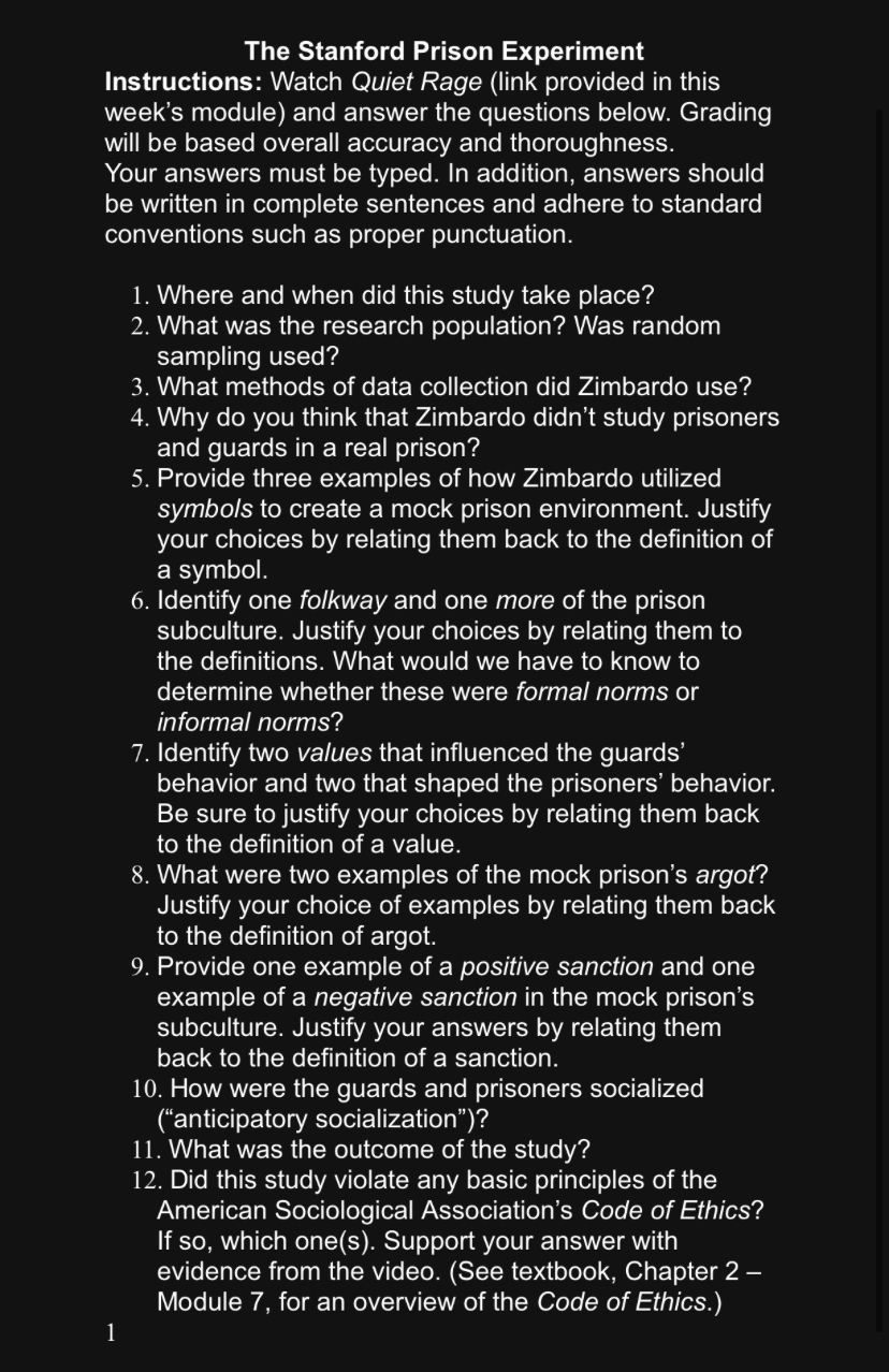 Solved The Stanford Prison ExperimentInstructions: Watch | Chegg.com