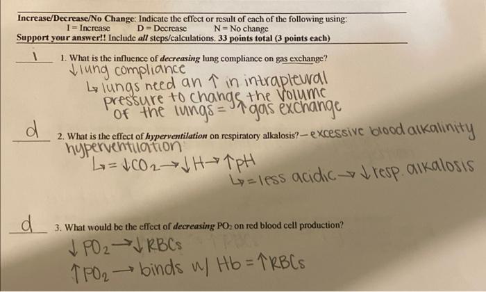 Solved Increase/Decrease/No Change: Indicate the effect or | Chegg.com