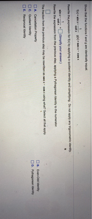 Solved Show that the functions and g are identically equal, | Chegg.com
