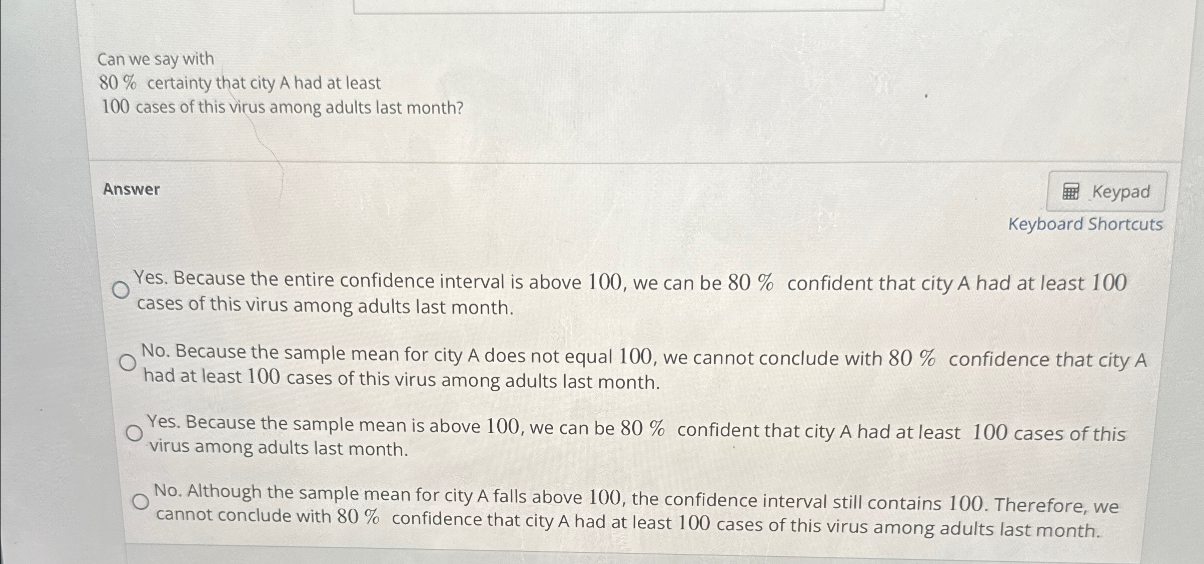Solved Can we say with80% ﻿certainty that city A had at | Chegg.com