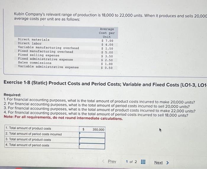 Solved Kubin Company's relevant range of production is | Chegg.com