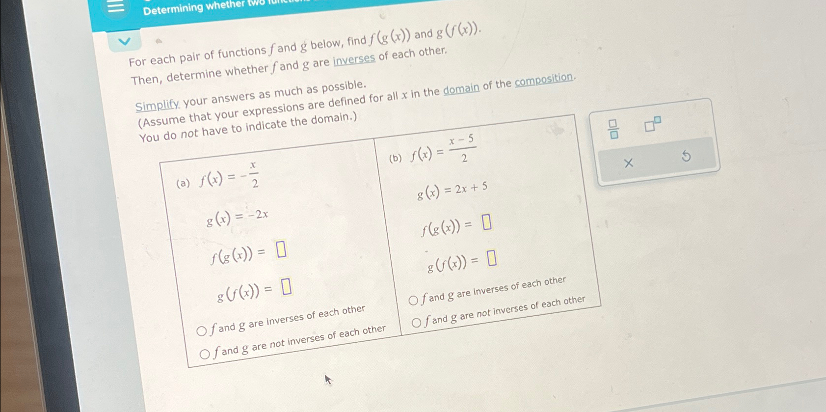 Solved Determining whether tsFor each pair of functions f | Chegg.com
