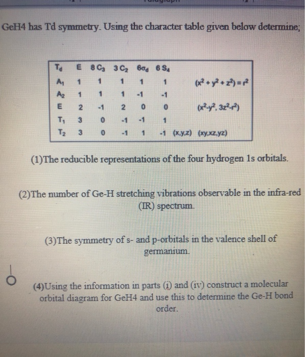 GeH4 has Td symmetry. Using the character table given | Chegg.com