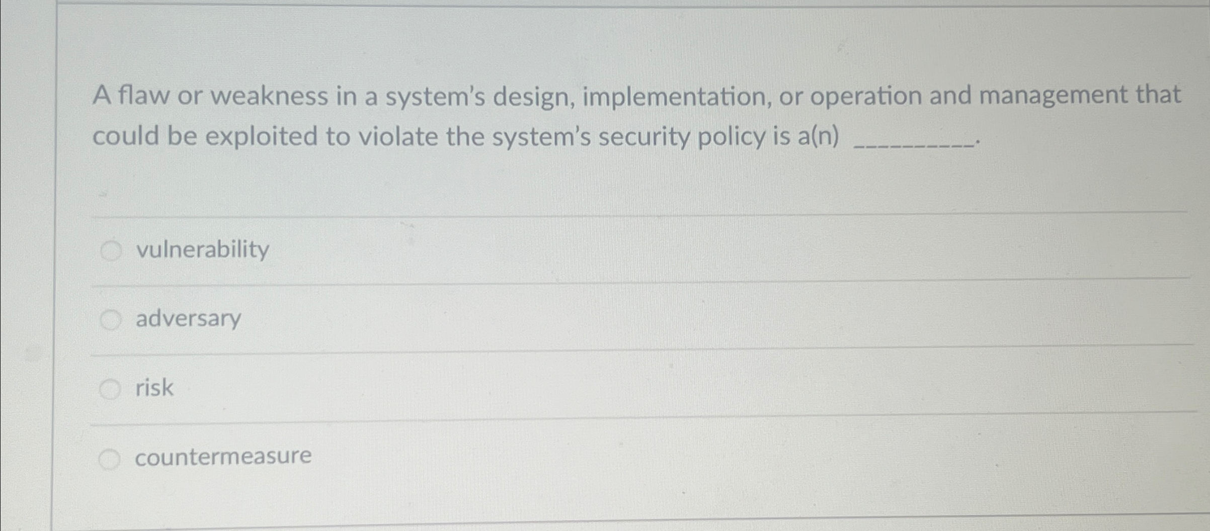 Solved A flaw or weakness in a system's design, | Chegg.com
