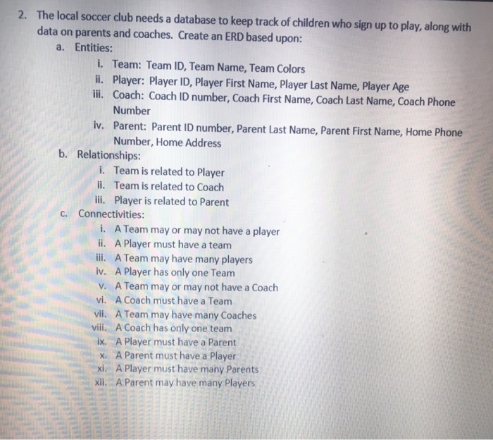 Solved 2. The local soccer club needs a database to keep | Chegg.com