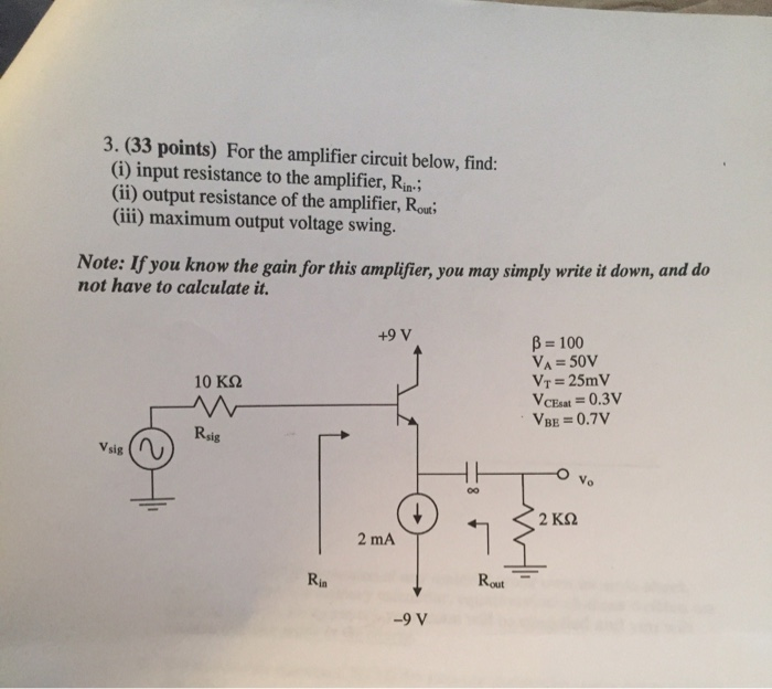 Solved 3. (33 points) For the amplifier circuit below, find: | Chegg.com