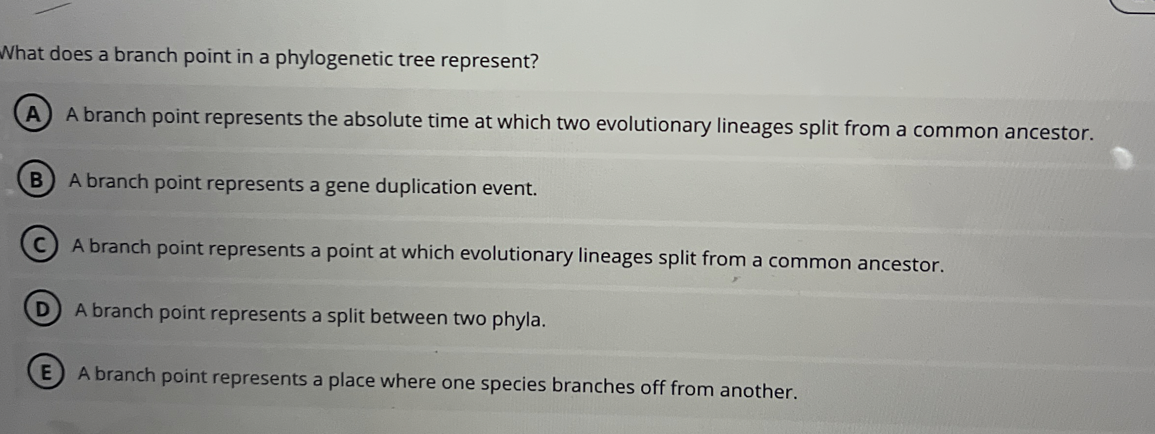 Solved What does a branch point in a phylogenetic tree | Chegg.com