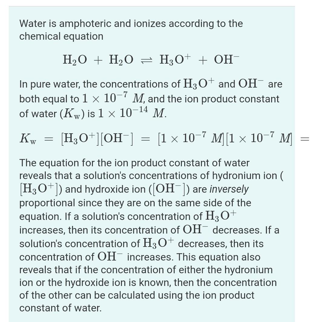 Solved Water is amphoteric and ionizes according to the | Chegg.com