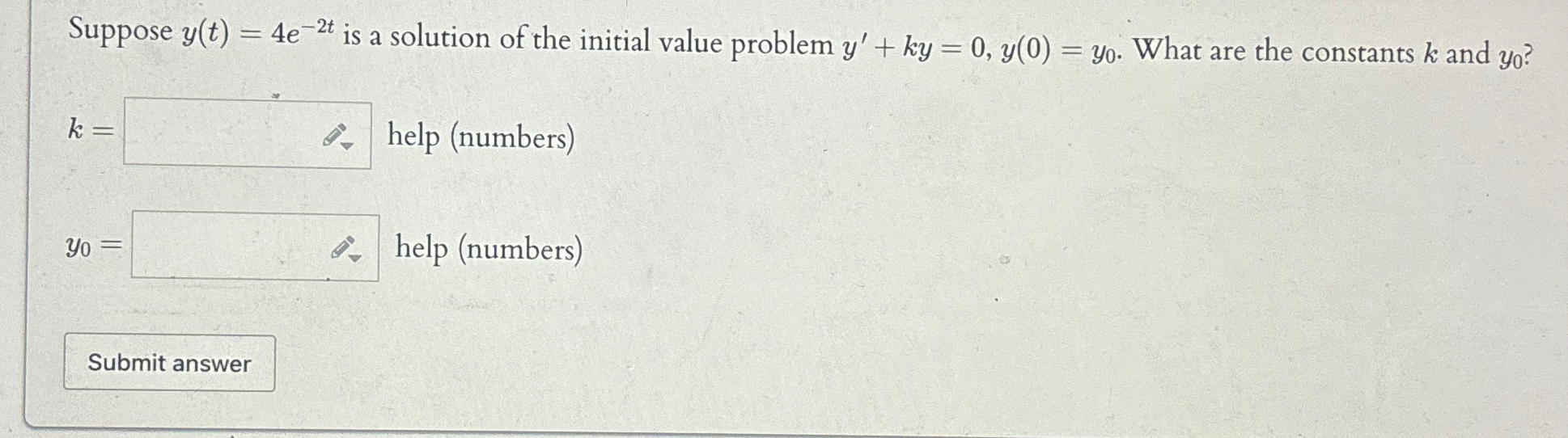 Solved Suppose y(t)=4e-2t ﻿is a solution of the initial | Chegg.com
