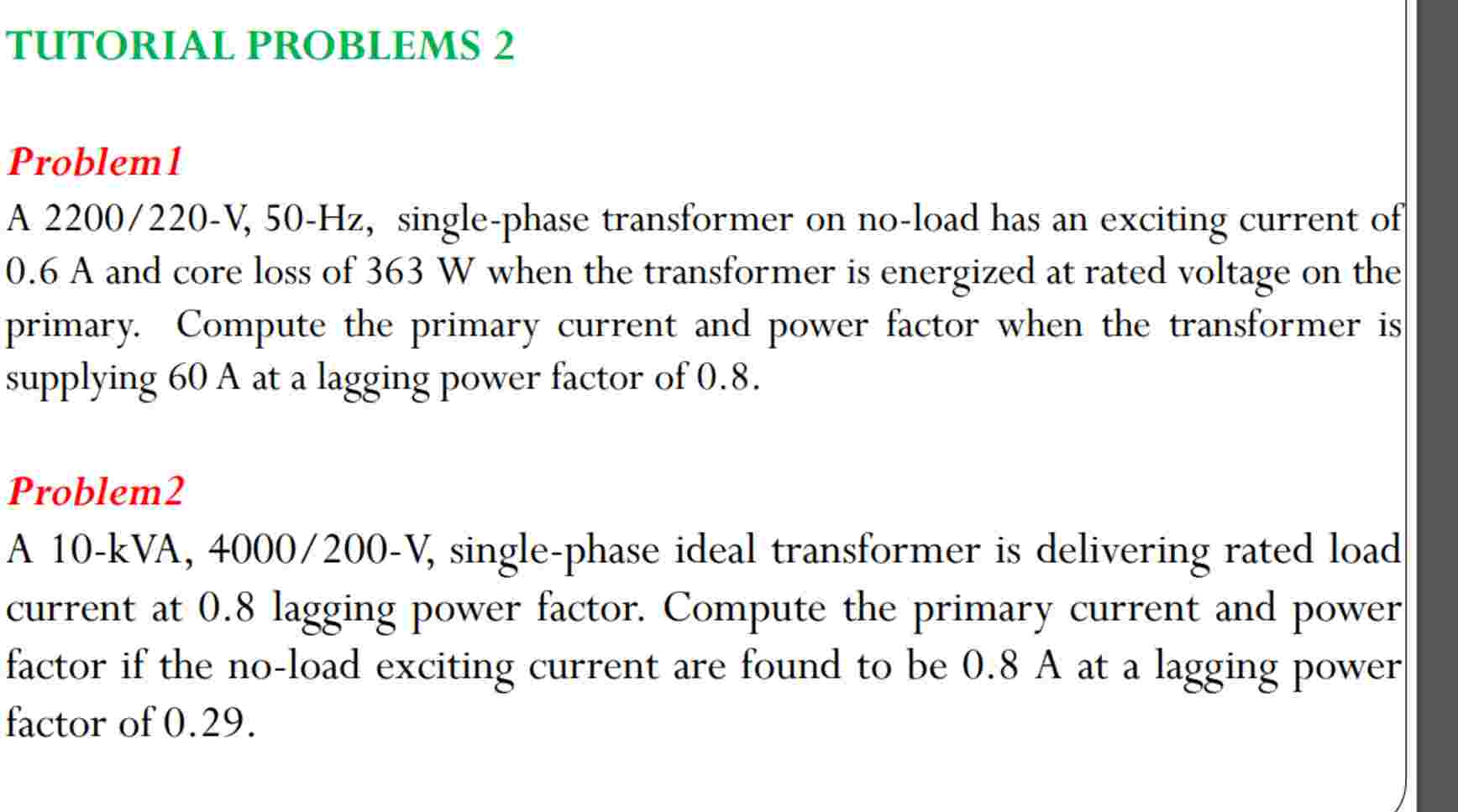 Solved TUTORIAL PROBLEMS 2Problem 1A 2200//220-V,50-Hz, | Chegg.com