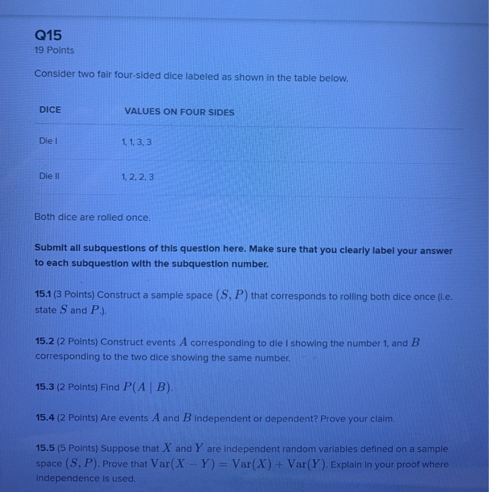 Solved Q15 19 Points Consider two fair four-sided dice | Chegg.com