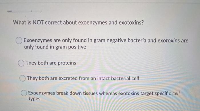 Solved What is NOT correct about exoenzymes and exotoxins? | Chegg.com