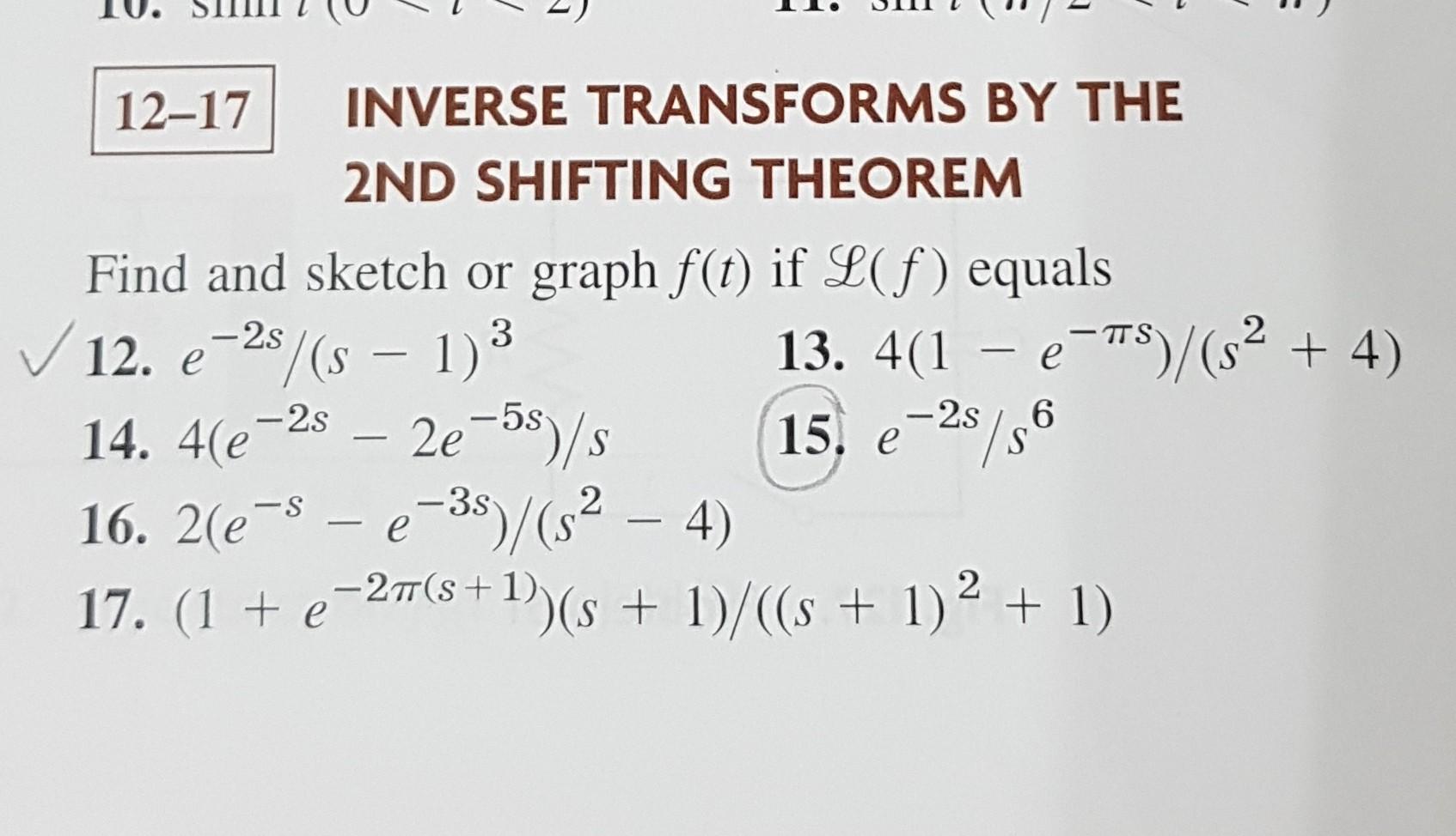 Solved 12 17 Inverse Transforms By The 2nd Shifting Theorem 