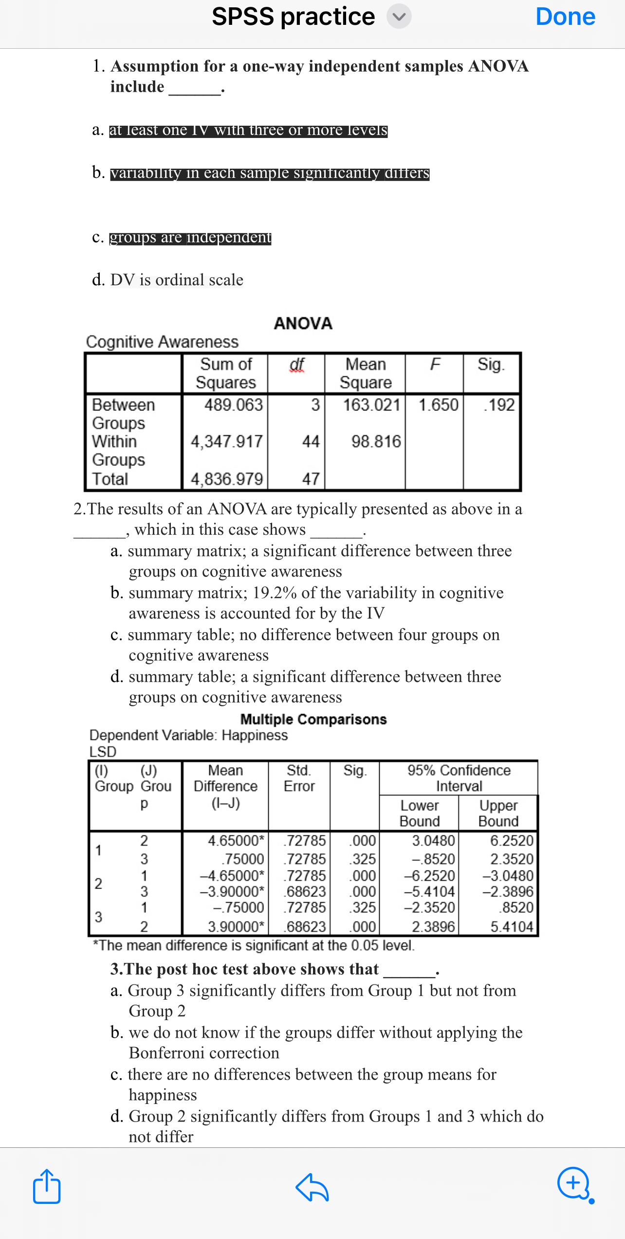Solved SPSS practiceDoneAssumption for a one-way independent | Chegg.com