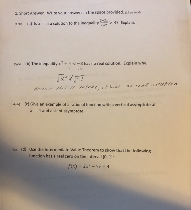 Solved 1. Short Answer. Write your answers in the space | Chegg.com