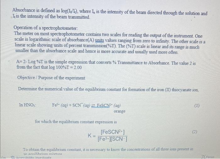 Absorbance is defined as log(I0I0, where I0 is the | Chegg.com