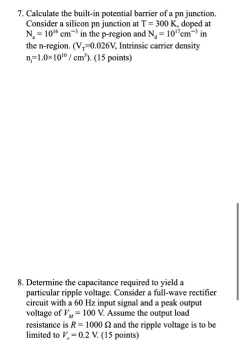 Solved 7. Calculate the built-in potential barrier of a pn | Chegg.com