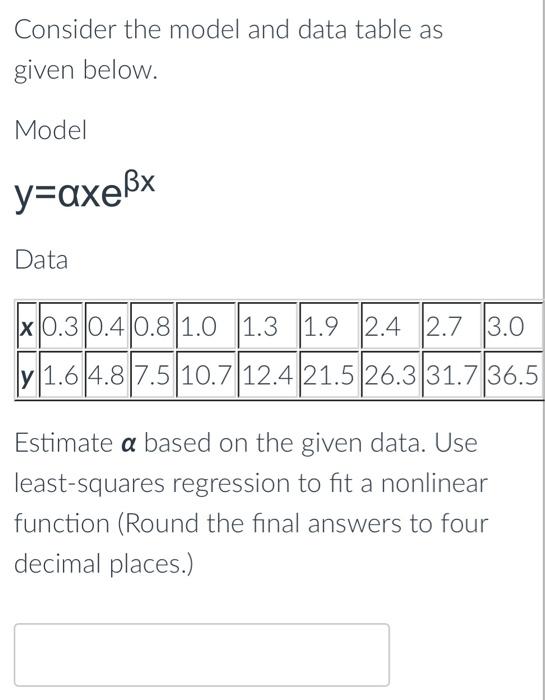 Solved Consider the model and data table as given below. | Chegg.com