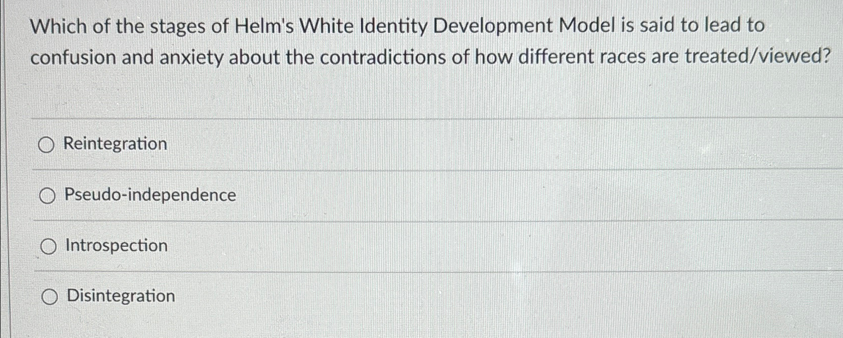Solved Which of the stages of Helm's White Identity | Chegg.com