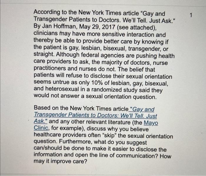Solved According to the New York Times article "Gay and | Chegg.com