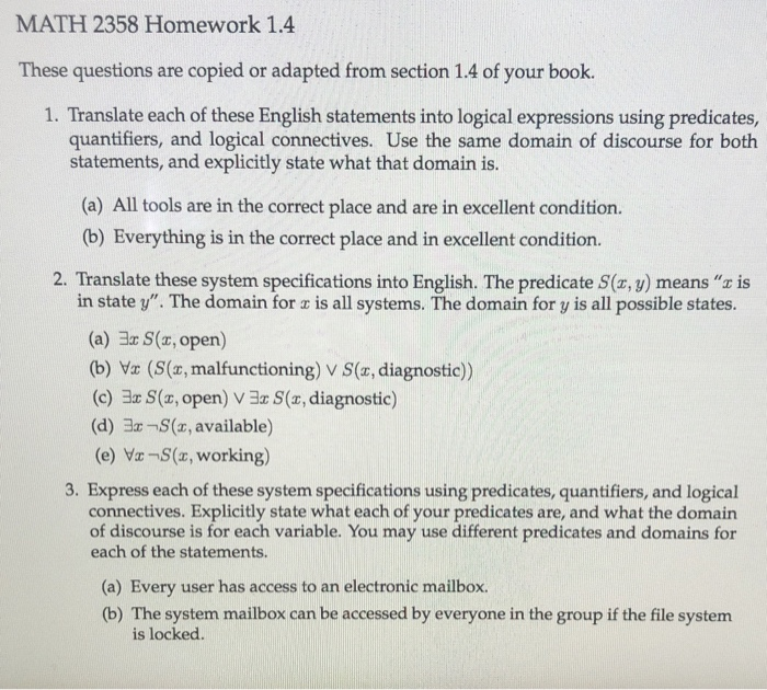 Solved MATH 2358 Homework 1.4 These questions are copied or | Chegg.com