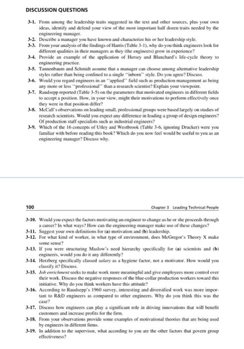 Solved DISCUSSION QUESTIONS 3-1. From among the leadership | Chegg.com