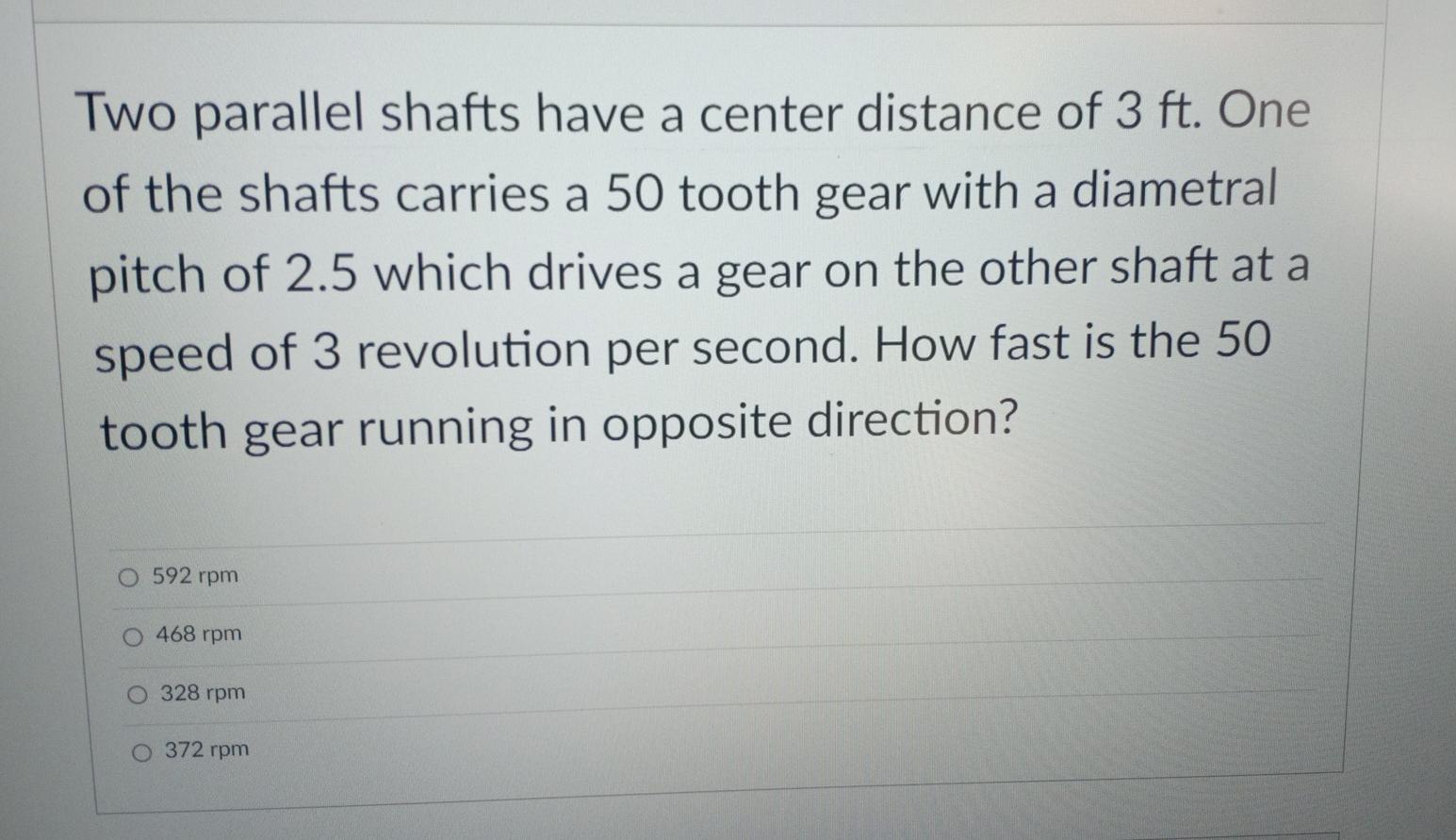 Solved Two parallel shafts have a center distance of 3 ft. | Chegg.com