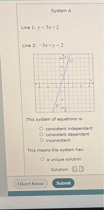 Solved ine 1: y=3x+2 Line 2:−3x+y=2 This system of equations | Chegg.com