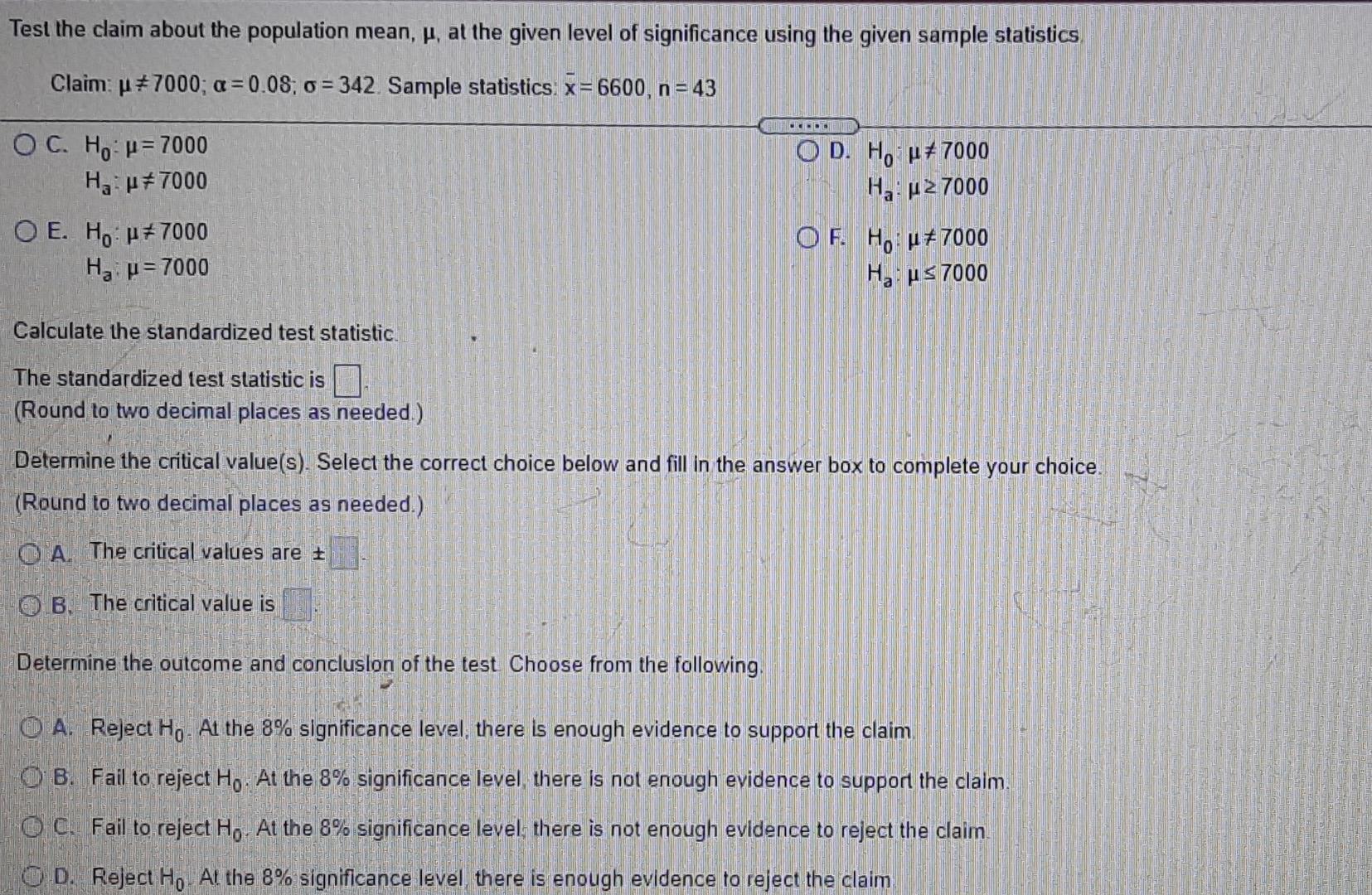 Solved Test the claim about the population mean, p, at the | Chegg.com
