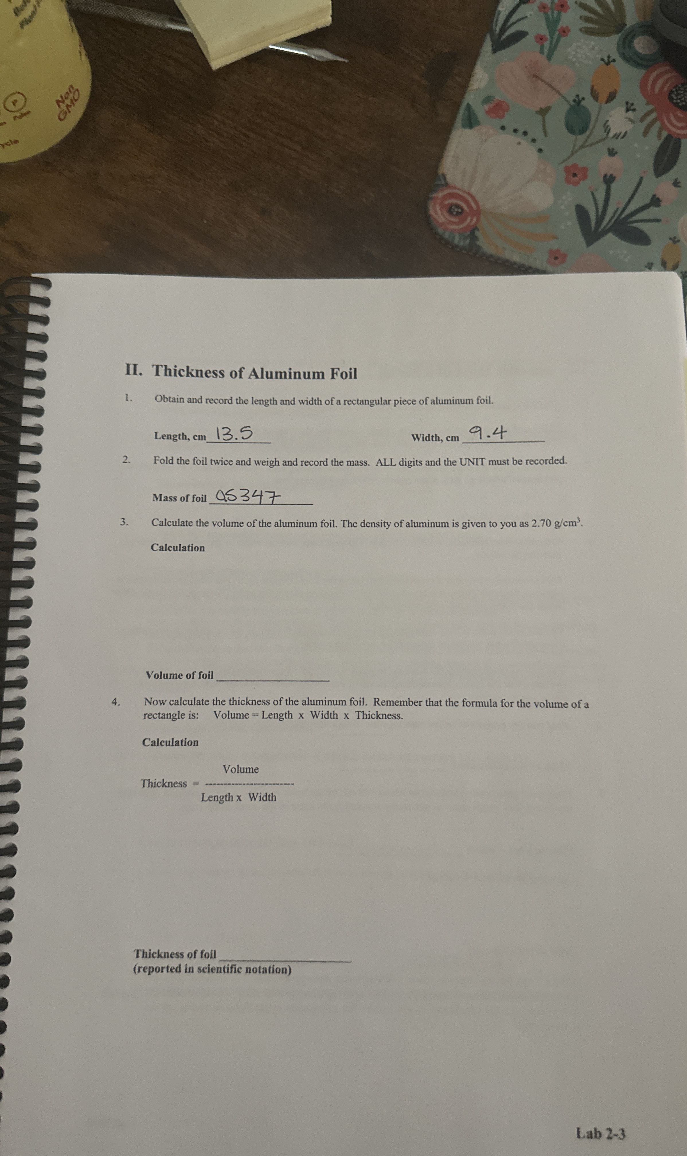 Solved II. ﻿Thickness of Aluminum FoilObtain and record the | Chegg.com