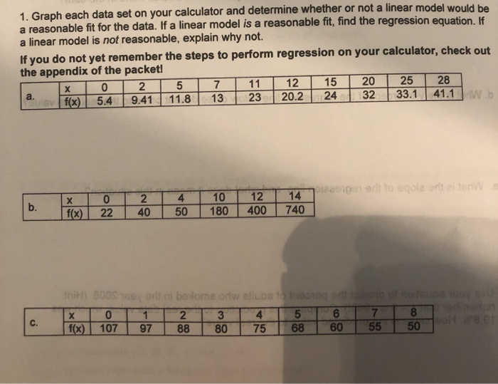 Solved 1. Graph each data set on your calculator and | Chegg.com