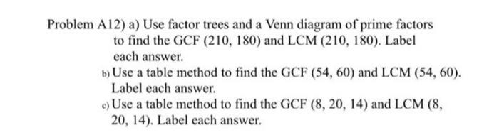 Solved Problem A12) a) Use factor trees and a Venn diagram | Chegg.com